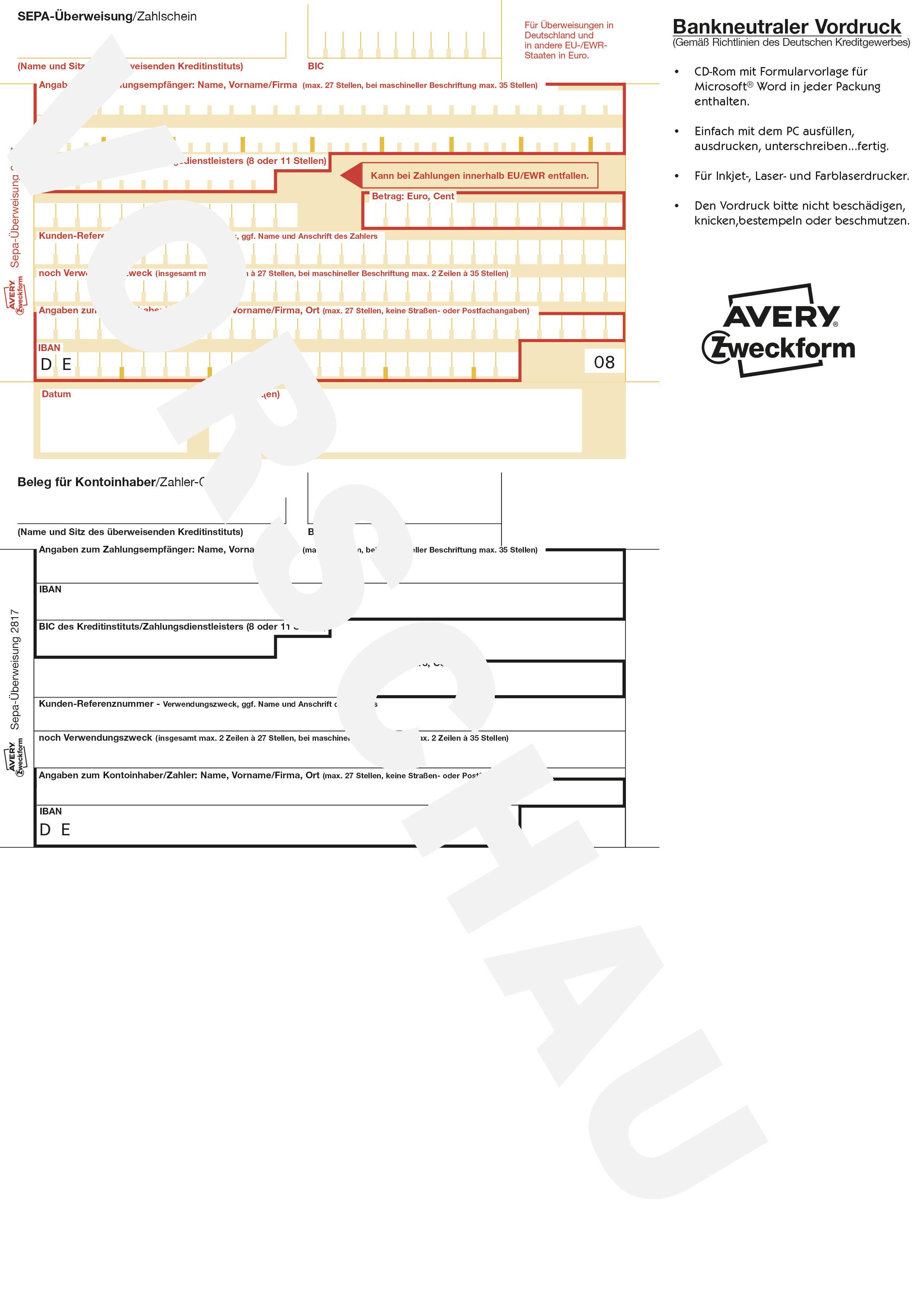 Avery-Zweckform Überweisung Formular SEPA-Überweisung DIN A4 Anzahl der ...