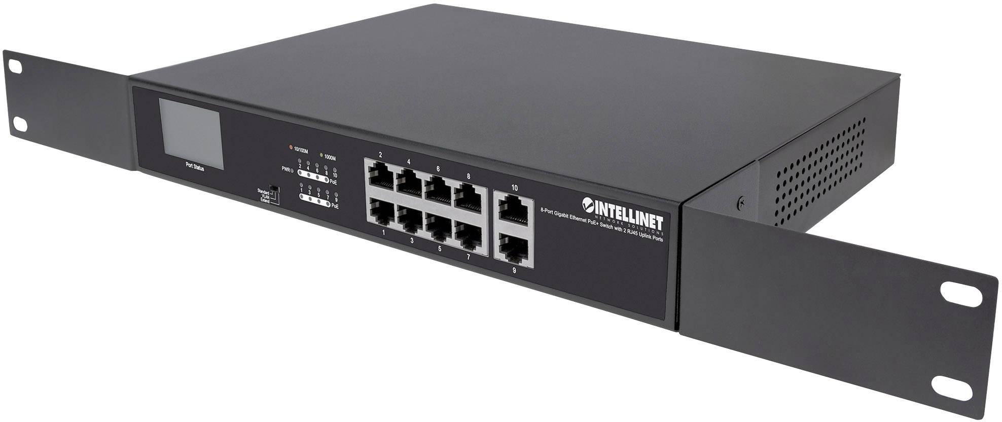 Intellinet 8-Port Gigabit PoE+ Switch mit 2 RJ45-Uplink-Ports und LCD ...