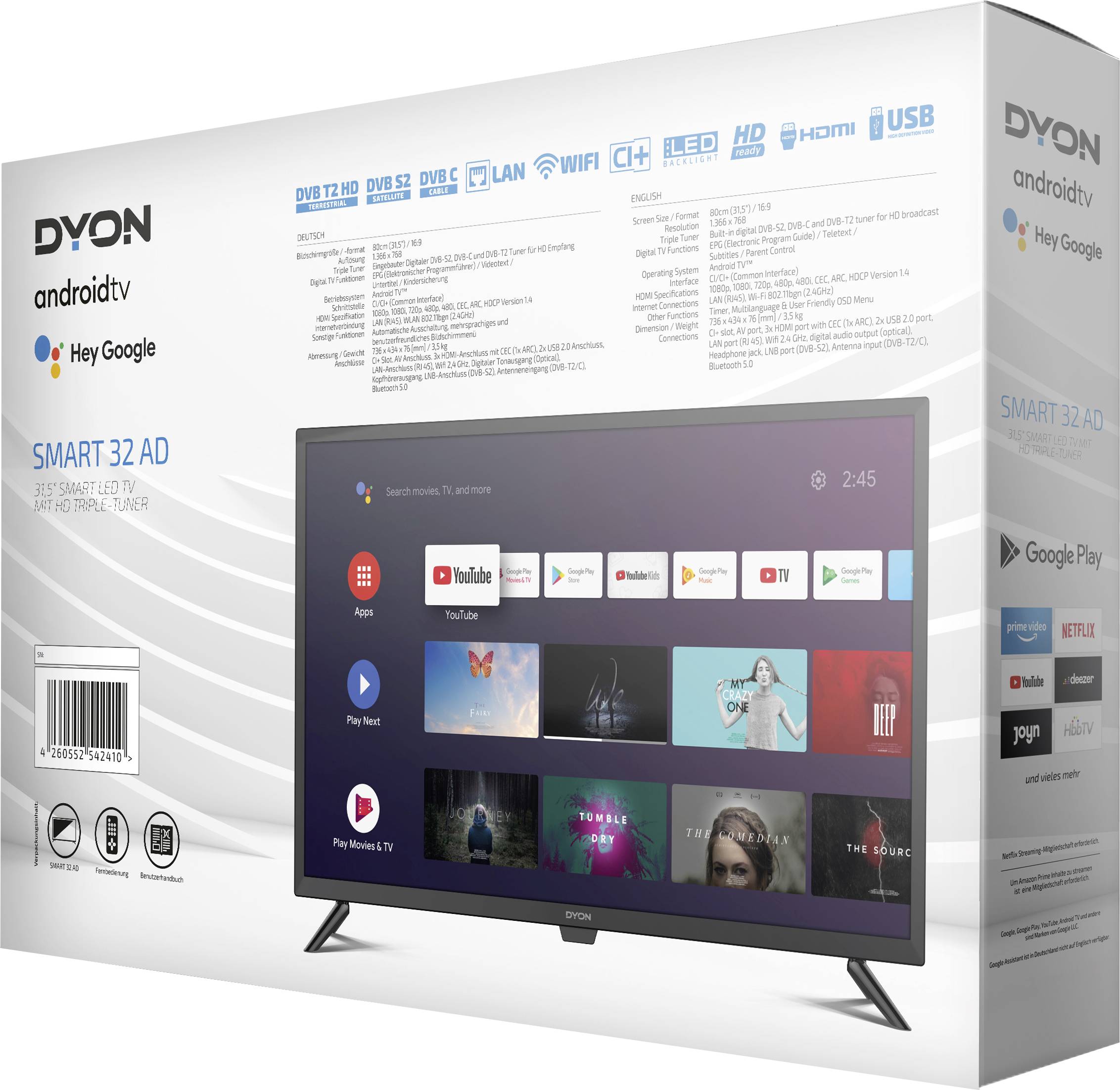 Dyon Smart 32 AD LED-TV 80cm 31.5 Zoll EEK G (A - G) DVB-T2, DVB-C, DVB ...