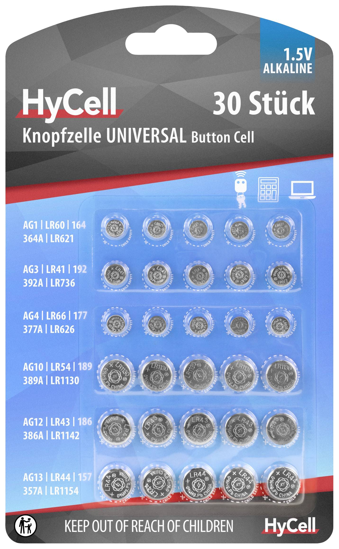 HyCell Knopfzellen-Set je 5x AG 1, AG 3, AG 4, AG 10, AG 12, AG 13 | SMDV